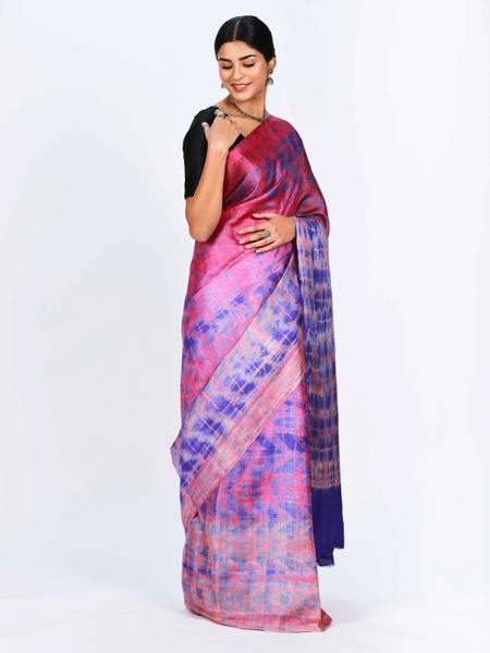 Purple-Pink Tie And Dye Tussar Silk Saree
