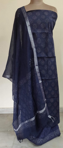 Navy Blue Block Printed Linen Cotton Suit BPL03