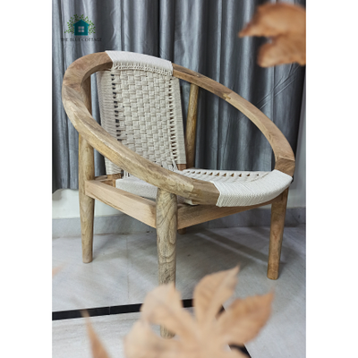 Wooden Round Arm Chair With White Rope