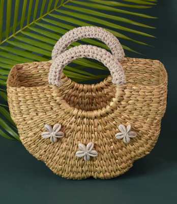 Shell Shaped Small Kauna Reed Bag with Ivory Handles and Cowrie Shells
