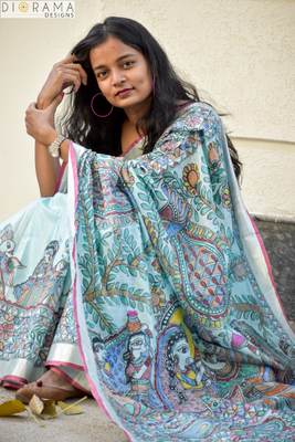 Madhubani Hand painted Powder Blue Linen Saree