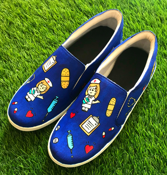 Women Doctor theme hand painted blue slip on shoes