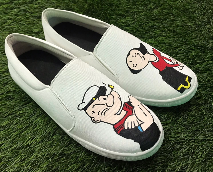 Women Popaye theme hand painted white slip on shoes