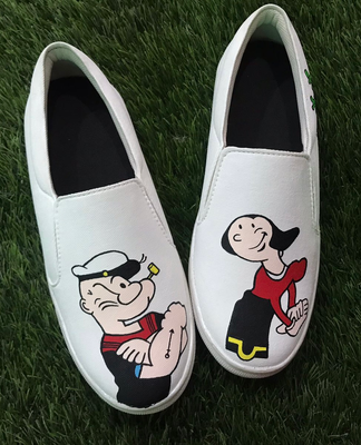 Women Popaye theme hand painted white slip on shoes