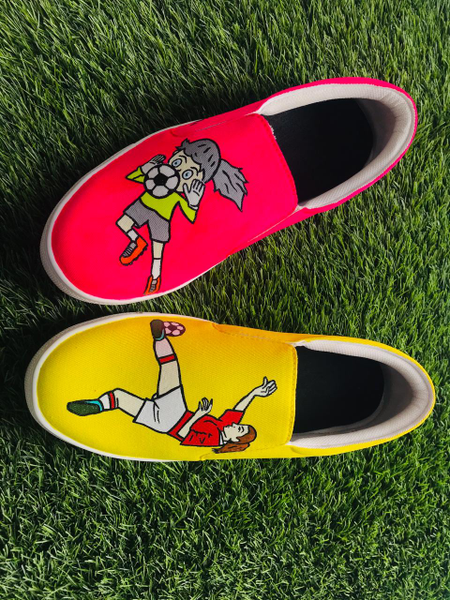 Women football theme hand painted dual color slip on shoes