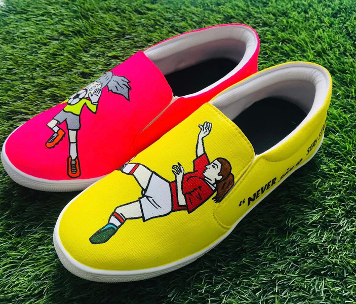 Women football theme hand painted dual color slip on shoes