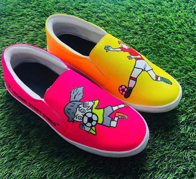 Women football theme hand painted dual color slip on shoes