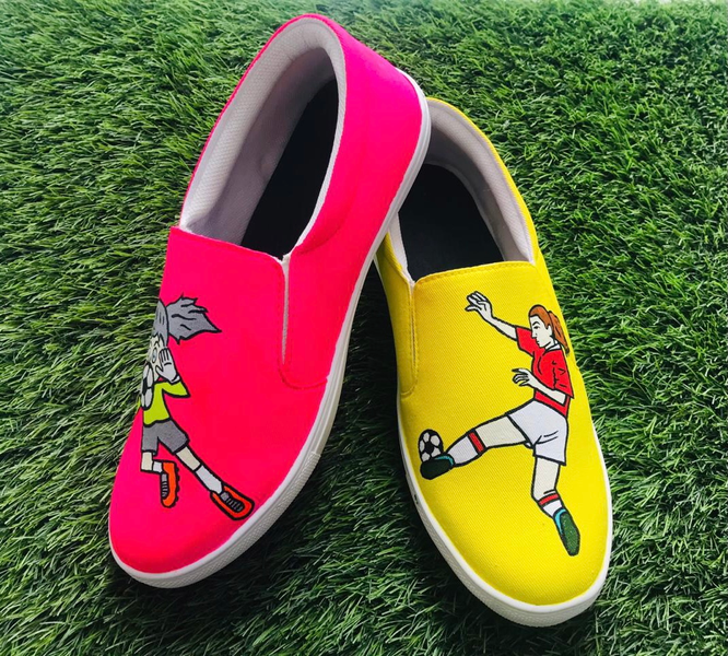 Women football theme hand painted dual color slip on shoes