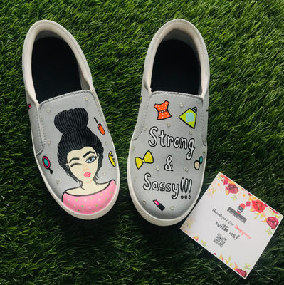 Women Strong And Sassy theme hand painted grey slip on shoes