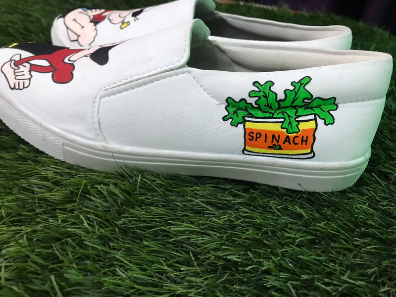 Women Popaye theme hand painted white slip on shoes