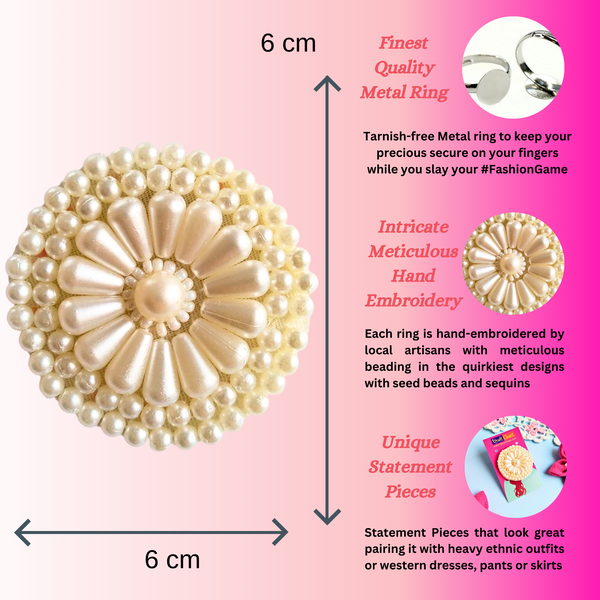 Tipsy Closet White Pearl Cocktail Ring Handmade Beads Rings