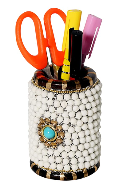 Meka Hub Decor Stone Pearl work Wooden Desk Organizer, Pen Stand/Pencil ...