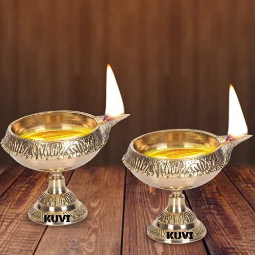 KUVI Pure Brass KUBER-DEEP Stand Diya's for Pooja Hand Engraved Diya ...