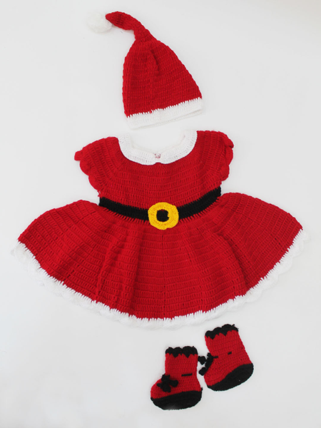 Woonie Crochet Christmas Frock Set with Matching Cap and Boots-Red