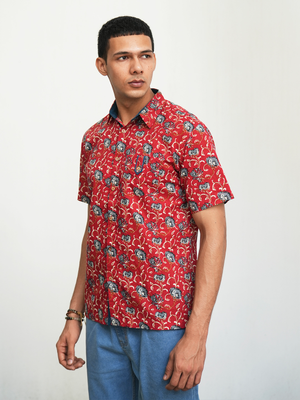 Red Handcrafted Cotton Printed shirt for men