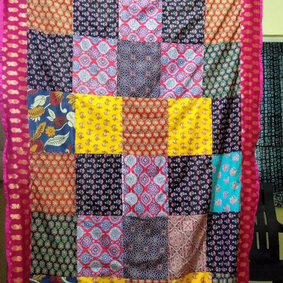 Handcrafted unique Patchwork Dupatta with a Rani color Khun Border.