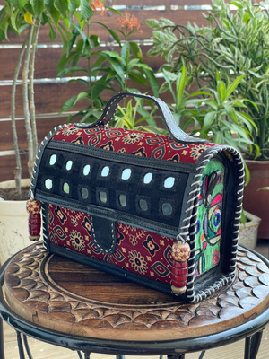 Handmade Ajrakh Maroon Blue-Black Modal Silk Box Bag