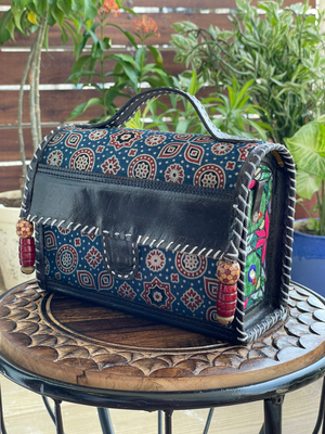 Handmade Ajrakh Blue Mirror Modal Silk Box Bag