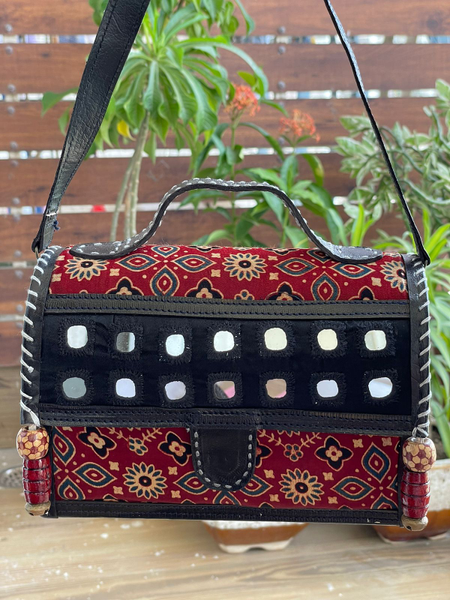 Handmade Ajrakh Maroon Blue-Black Modal Silk Box Bag