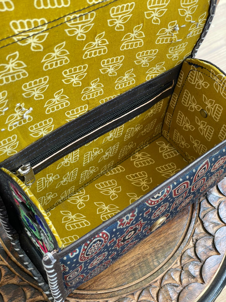 Handmade Ajrakh Blue Mirror Modal Silk Box Bag