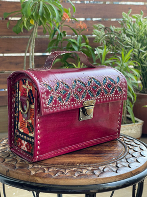 Handmade Ajrakh Maroon Leather Box Bag