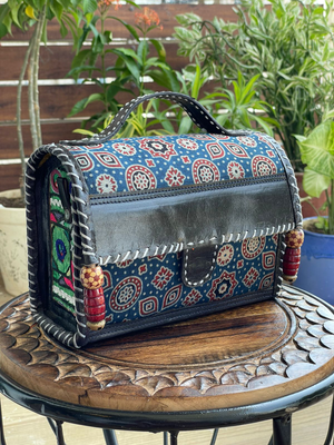 Handmade Ajrakh Blue Mirror Modal Silk Box Bag