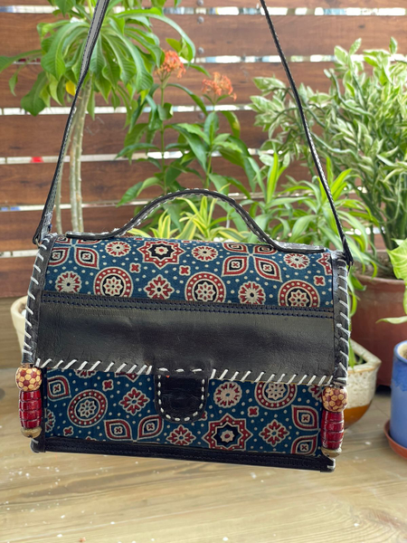 Handmade Ajrakh Blue Mirror Modal Silk Box Bag