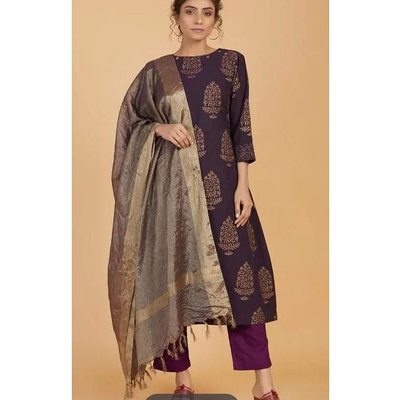 Purple Block Print Cotton Kurta Set