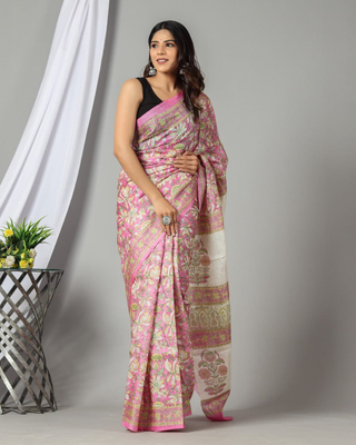 Pink Block Print Tussar Silk Saree