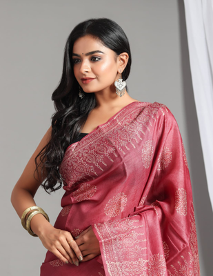Maroon Block Print Tussar Silk Saree