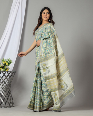 Yellow Block Print Tussar Silk Saree