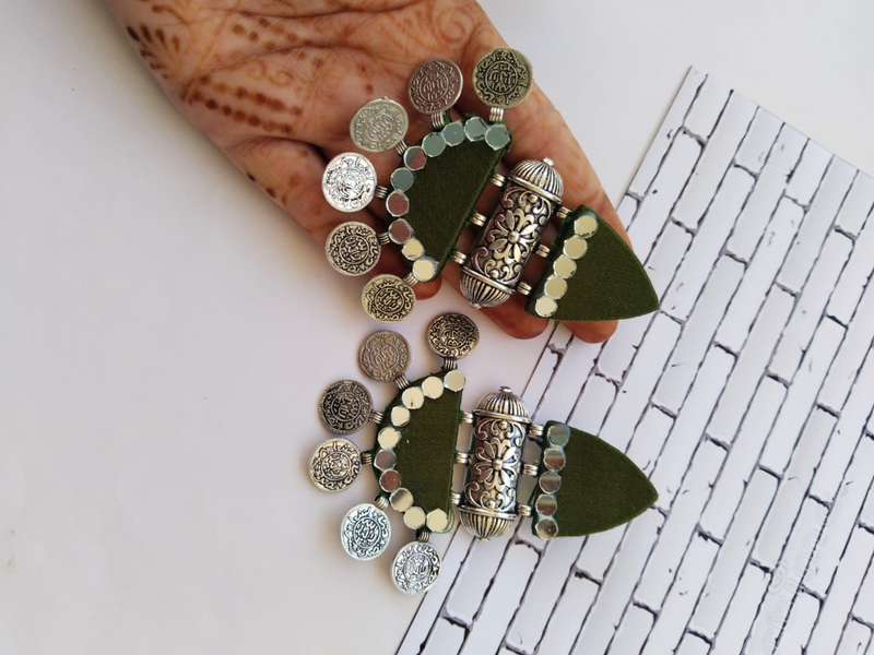 Rainvas Mehndi green beaded coins fabric jhumka