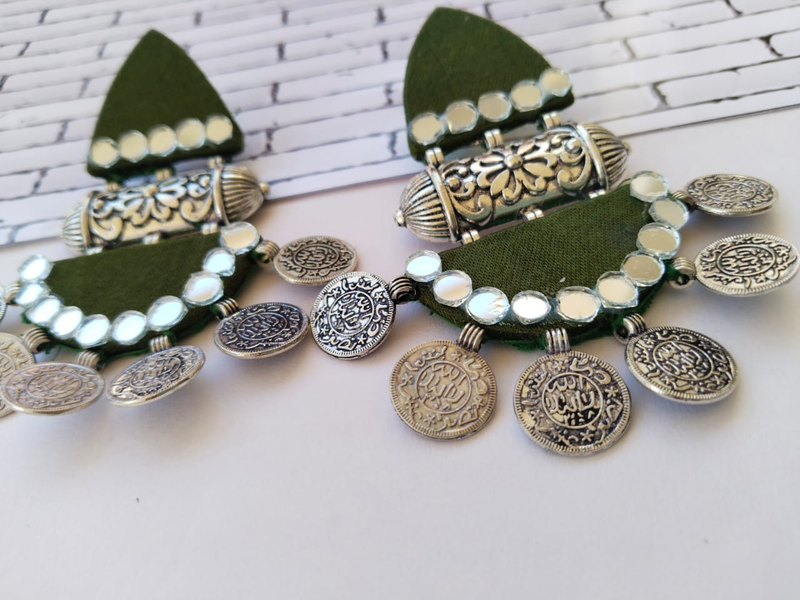 Rainvas Mehndi green beaded coins fabric jhumka